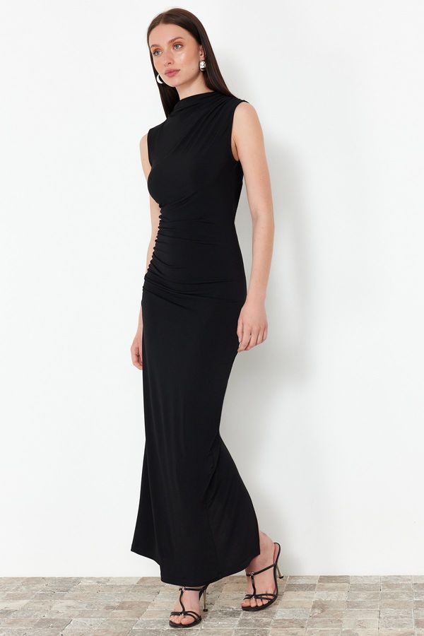 TRENDYOL BLACK DRAPED FITTED HIGH NECK SLEEVELESS STRETCHY KNITTED MAXI PENCIL DRESS