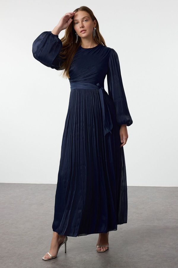 TRENDYOL NAVY BLUE LINED SASH DETAILED GLITTER CHIFFON EVENING DRESS