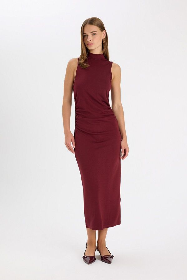 DEFACTO BODYCON FITTED BASIC PLAIN HALF TURTLENECK SLEEVELESS MAXI BURGUNDY DRESS