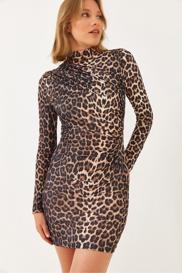 BIANCO LUCCI WOMEN'S LEOPARD PRINT GATHERED FRONT MINI DRESS