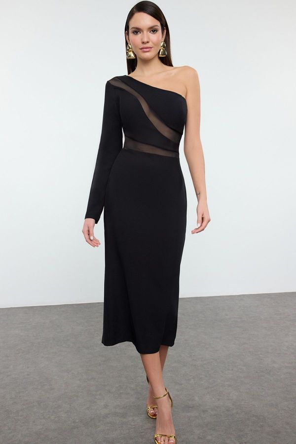TRENDYOL BLACK BODY-SIT ASYMMETRICAL COLLAR SINGLE SLEEVE WOVEN ELEGANT EVENING DRESS