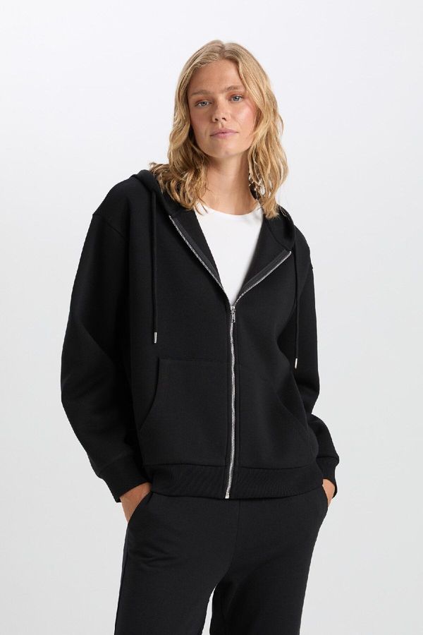 DEFACTO BLACK BACK TO SCHOOL RELAX FIT HOODED THICK BASIC PLAIN POCKET ZIPPER SWEATSHIRT