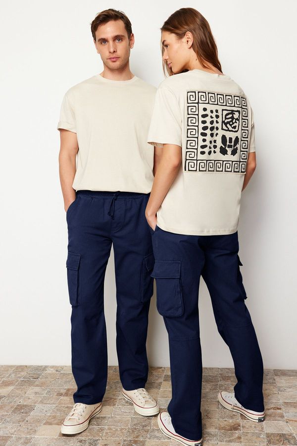 TRENDYOL NAVY BLUE UNISEX REGULAR FIT ELASTIC WAIST TIE-UP CARGO POCKET TROUSERS