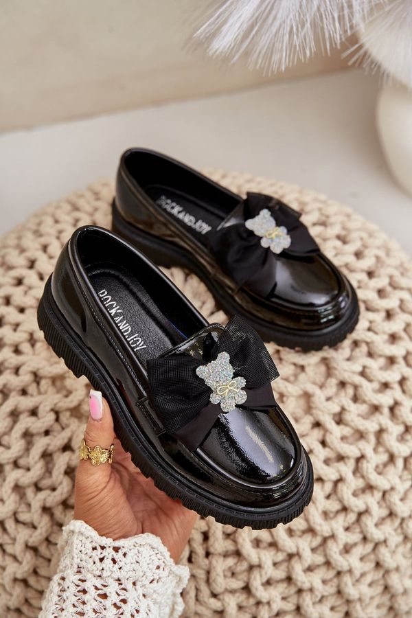 VINCEZA GLOSSY GIRLS MOCCASINS WITH BOW ECO LEATHER BLACK AVALLESA