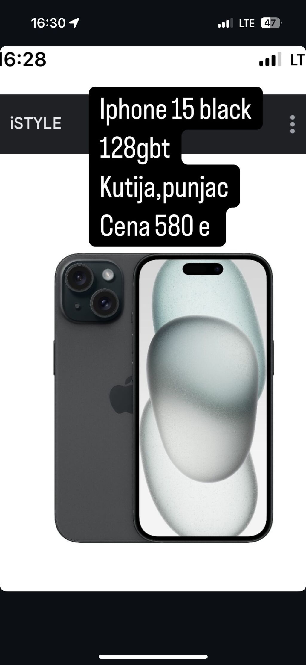 Apple iPhone iPhone 15, 128 GB, Black Titanium, Otisak prsta, Face ID