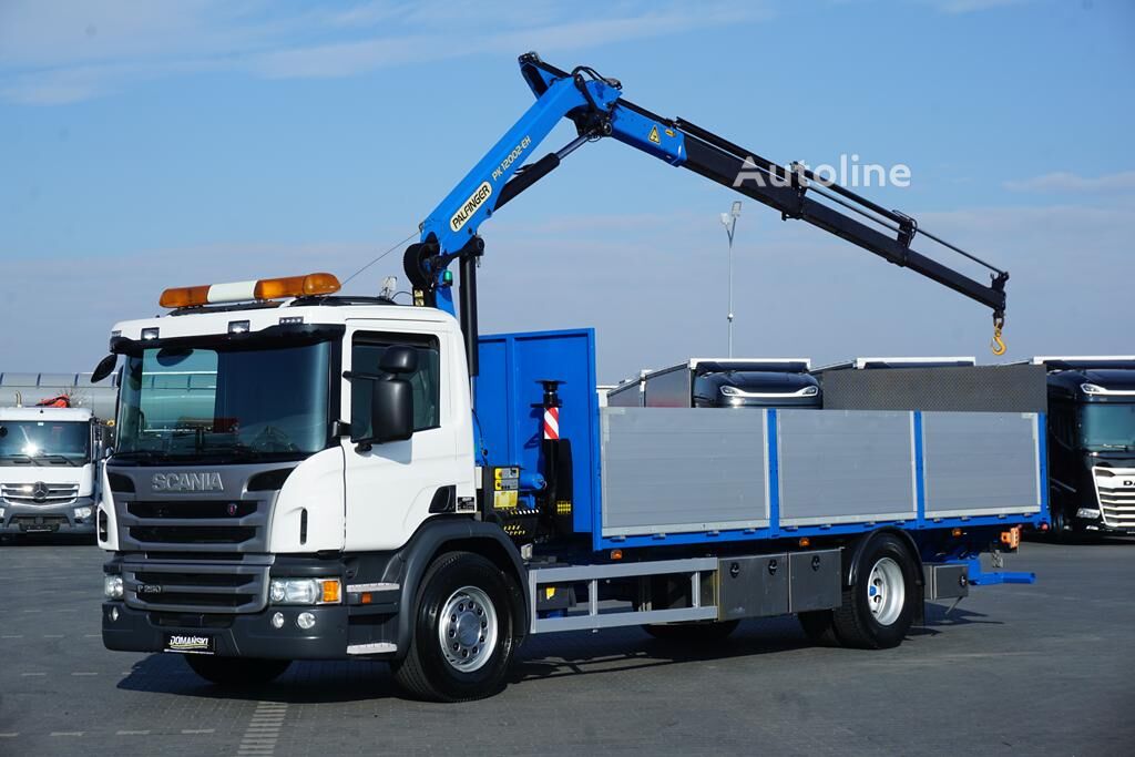 Scania P 250 / ACC / SKRZYNIOWY + HDS + WINDA / PALFINGER PK 12 002 - E kamion s ravnom platformom