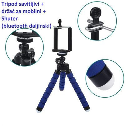 Tripod savitljivi+držač za mob.+daljinski - plavi