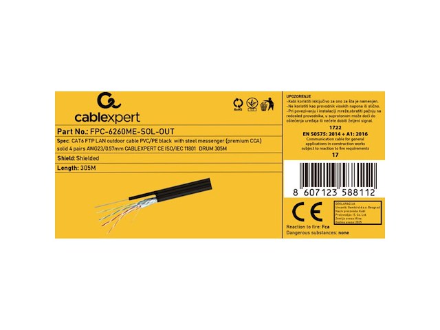 FPC-6260ME-SOL-OUT Gembird FTP cat6 Outdoor, solid 23AWG, 0,57mm PREMIUM CCA kotur pun presek 305m