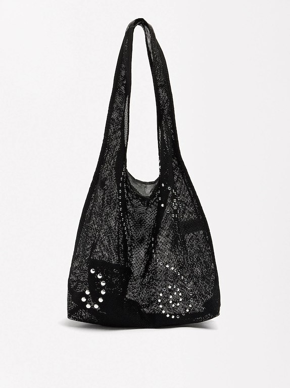 Mesh shoulder bag with applications