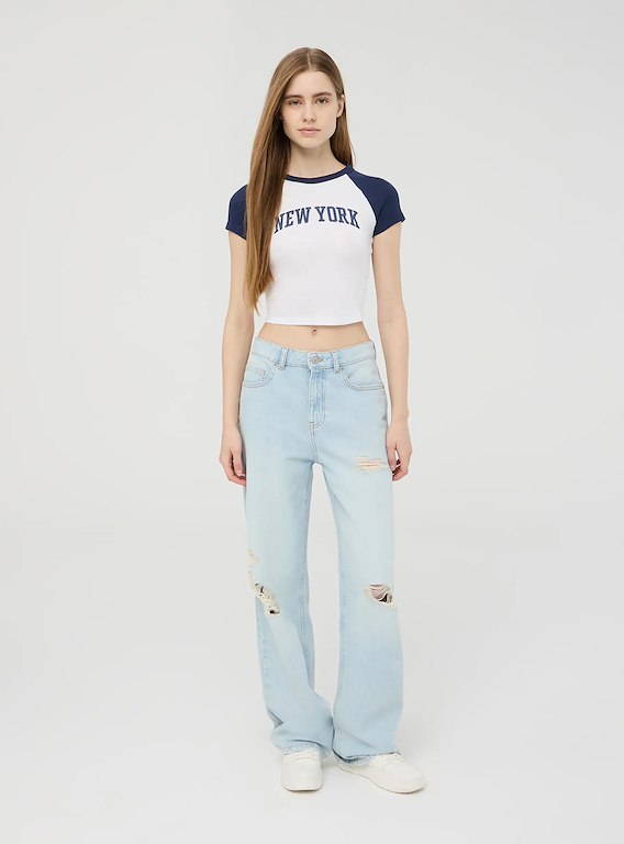 T-shirt crop raglan sa college printom Var tamnoplava