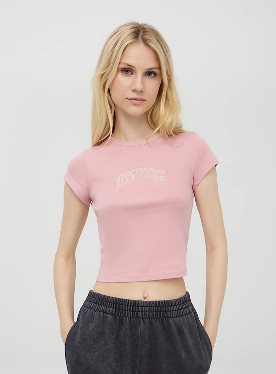 T-shirt crop sa rebrastim materijalom Roze