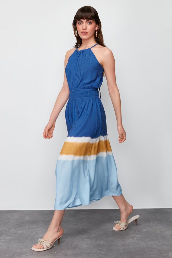 TRENDYOL ECRU-BLUE A-LINE VISCOSE MAXI WOVEN DRESS WITH GIPE DETAIL AT WAIST