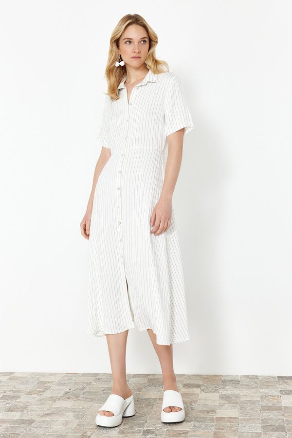 TRENDYOL ECRU STRIPED MAXI WOVEN SHIRT DRESS