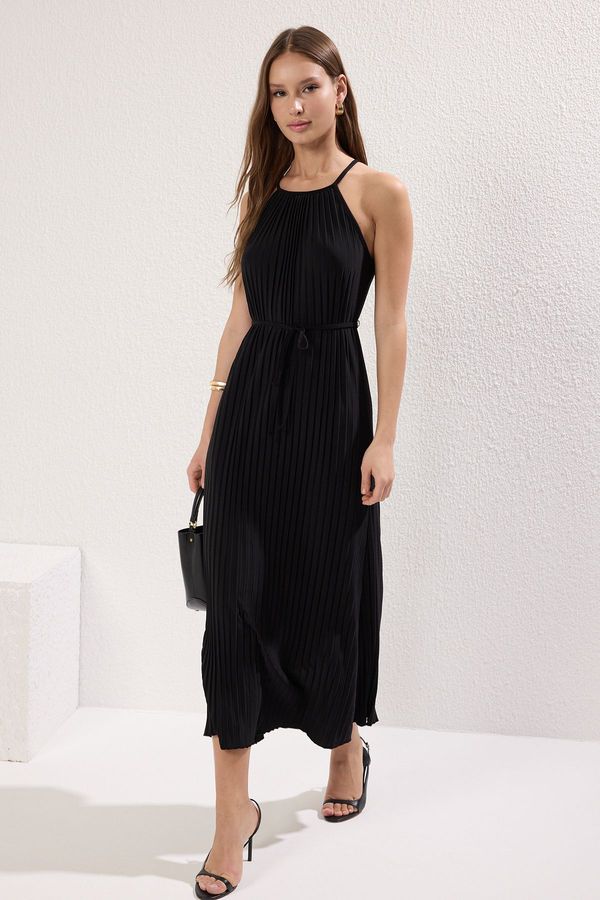 TRENDYOL BLACK PLAIN MAXI STAND COLLAR PLEATED SKATER/WAIST OPEN KNIT DRESS