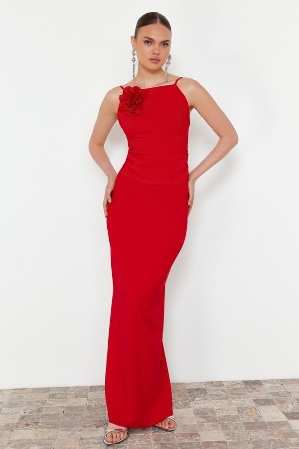 TRENDYOL RED FITTED ROSE DETAILED WOVEN LONG EVENING DRESS