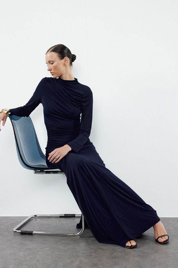 TRENDYOL NAVY BLUE FITTED HIGH NECK LONG SLEEVE FLEXIBLE MAXI KNITTED DRESS