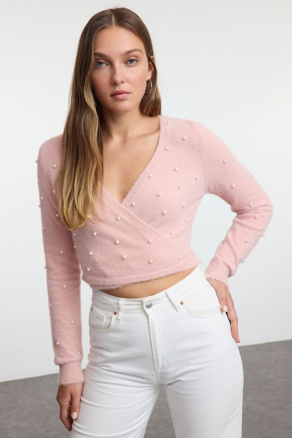 TRENDYOL DUSTY ROSE SUPER CROP HAIRY PEARL DETAILED KNITWEAR SWEATER