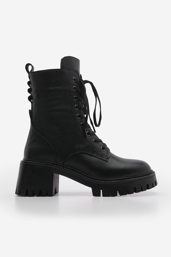 MARJIN WOMEN'S GENUINE LEATHER LACE-UP AND ZIPPERED THICK HEELED COMBAT BOOTS MIROS BLACK