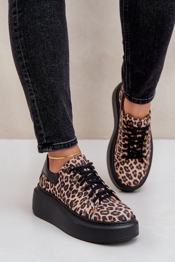 LEATHER PLATFORM SNEAKERS WITH LEOPARD PRINT ZAZOO 3346 BROWN-BLACK