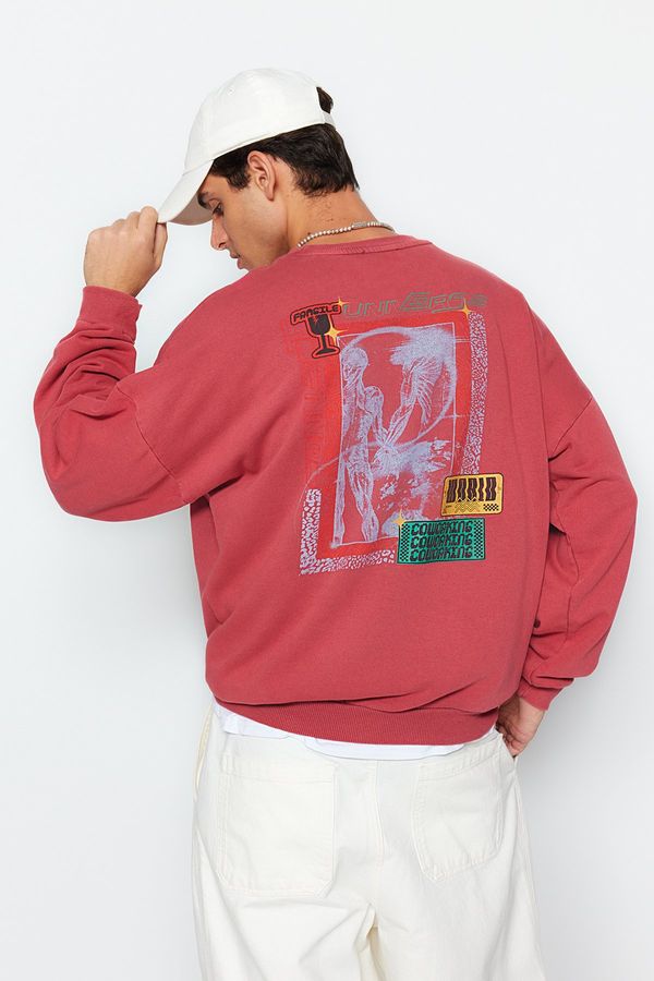 TRENDYOL DUSTY ROSE OVERSIZE/WIDE CUT DISTRESSED/FADED EFFECT BACK PRINTED COTTON SWEATSHIRT