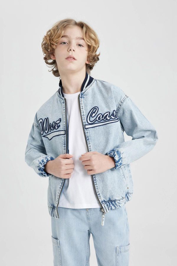 DEFACTO BOYS COLLEGE COLLAR ZIPPERED POCKET SEASONAL PRINTED JEAN BOMBER JACKET