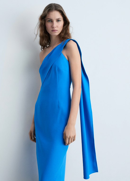 Midi dress with asymmetrical neckline