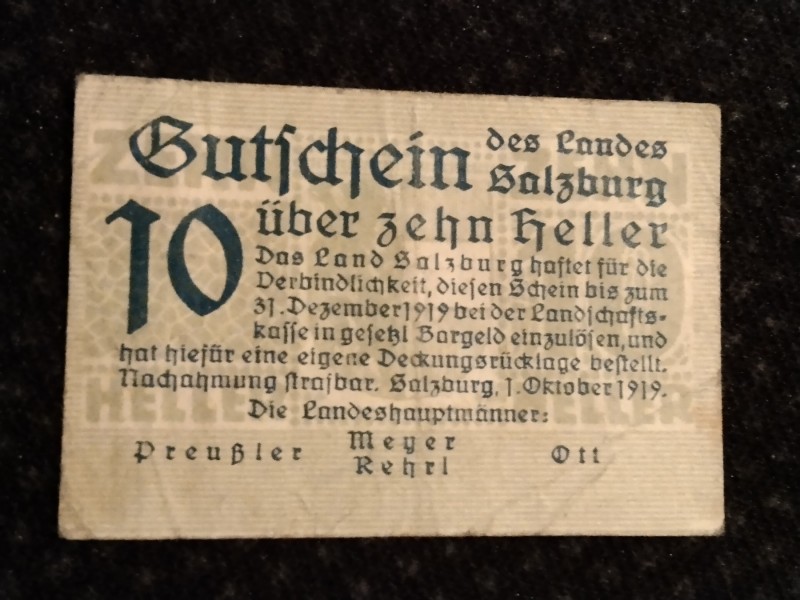 10 helera 1919 austrija gradski novac