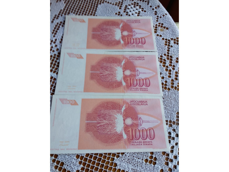 1000 dinara 1992. 3 komada.