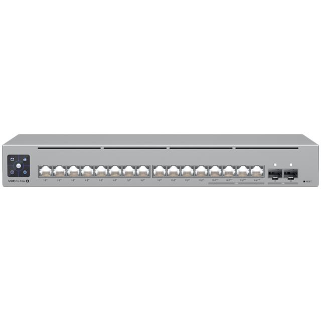 Ubiquiti 16-port, Layer 3 Etherlighting switch with 2.5 GbE, PoE++ output, and versatile mounting options, 4x 2.5 GbE PoE++ ports, 12x GbE PoE+ ports, 2x 10G SFP+ ports, 180W total PoE availability