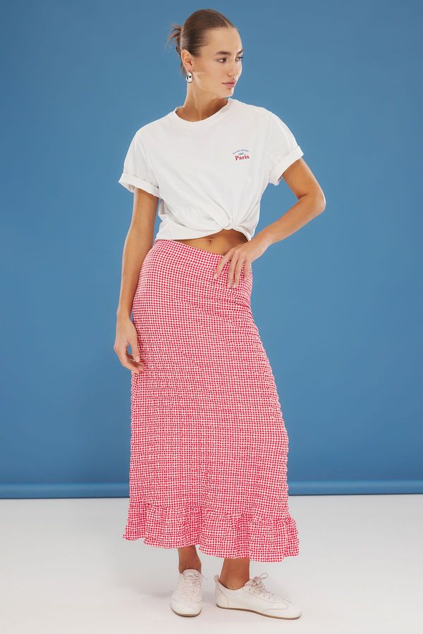 TRENDYOL RED SEERSUCKER FABRIC GINGHAM PATTERN MAXI LENGTH WOVEN SKIRT
