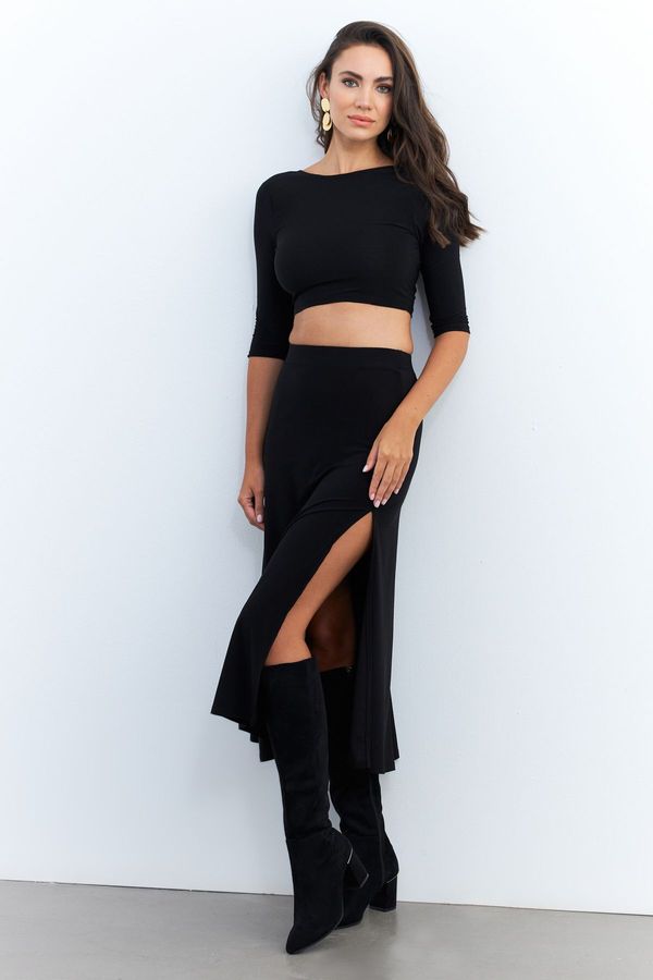 COOL & SEXY WOMEN'S BLACK BOTTOM TOP CROP SKIRT SET