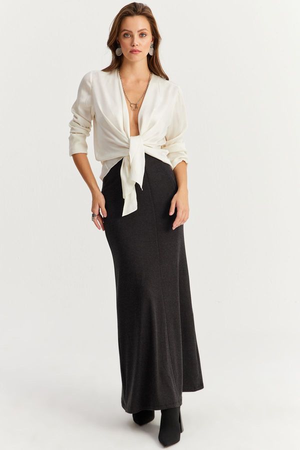 COOL & SEXY WOMEN'S ANTHRACITE ELASTIC WAIST EVOZE MAXI SKIRT