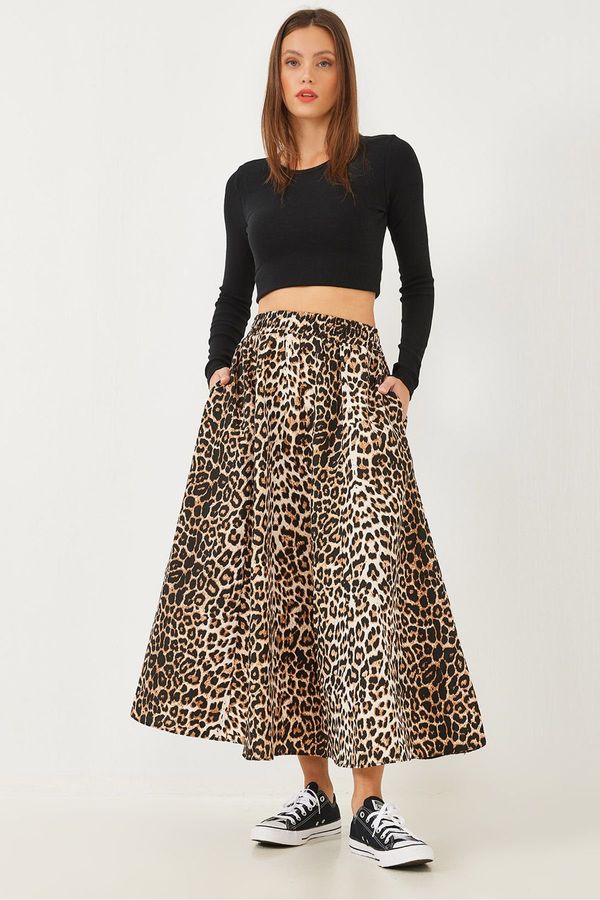 BIANCO LUCCI WOMEN'S LEOPARD PATTERNED POCKET DETAILED ELASTIC WAIST PARACHUTE BALLOON SKIRT