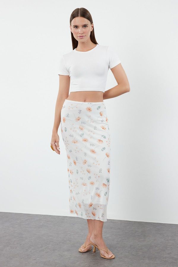 TRENDYOL ECRU WAIST DETAILED PRINTED FLEXIBLE TULLE MAXI KNITTED SKIRT
