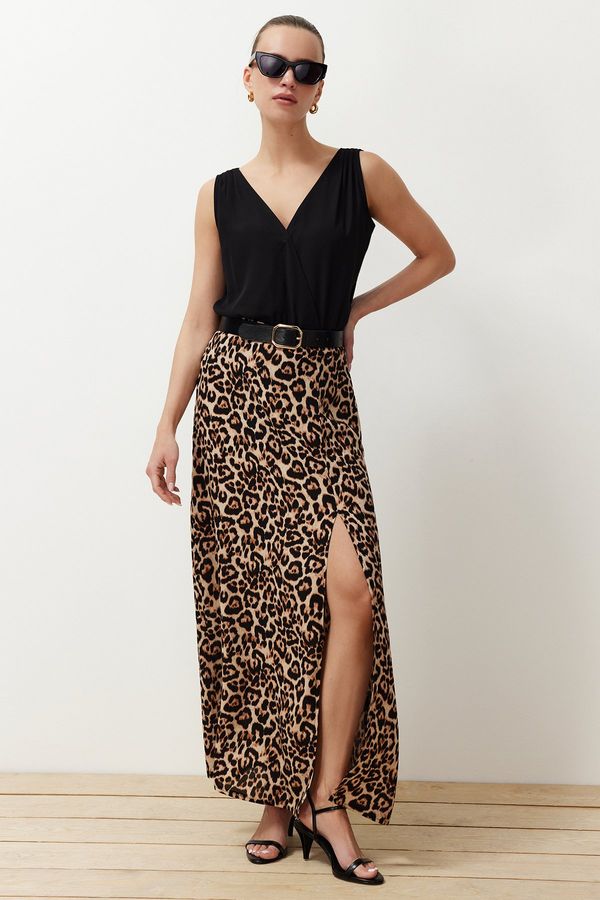 TRENDYOL MULTICOLORED LEOPARD PATTERNED SLIT DETAILED VISCOSE FABRIC MAXI LENGTH WOVEN SKIRT