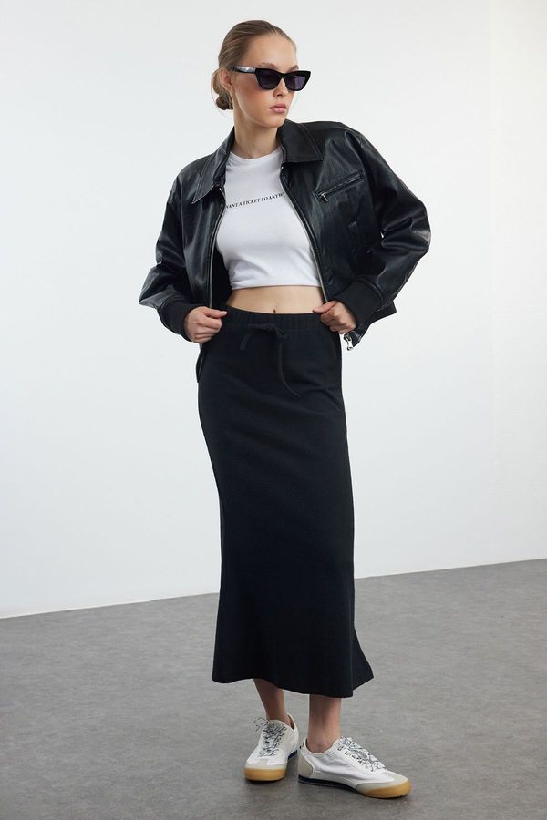 TRENDYOL BLACK THESSALONIKI FABRIC FISH FORM MAXI KNITTED SKIRT WITH LACE DETAIL