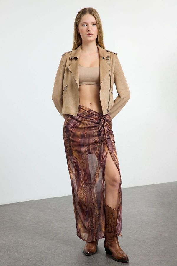 TRENDYOL BROWN PATTERNED SLIT DETAILED MAXI SKIRT