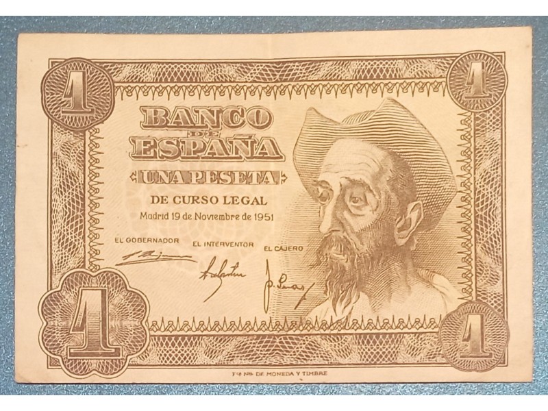 Spanija - 1 pezeta - 1951