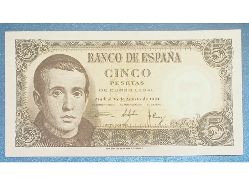 Spanija - 5 pezeta - 1951