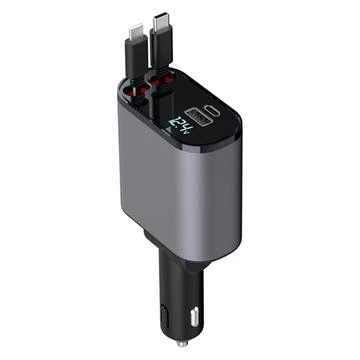 X16 100W SUPER FAST 180-DEGREE ROTATING CAR CHARGER WITH RETRACTABLE USB-C & LIGHTNING CABLES