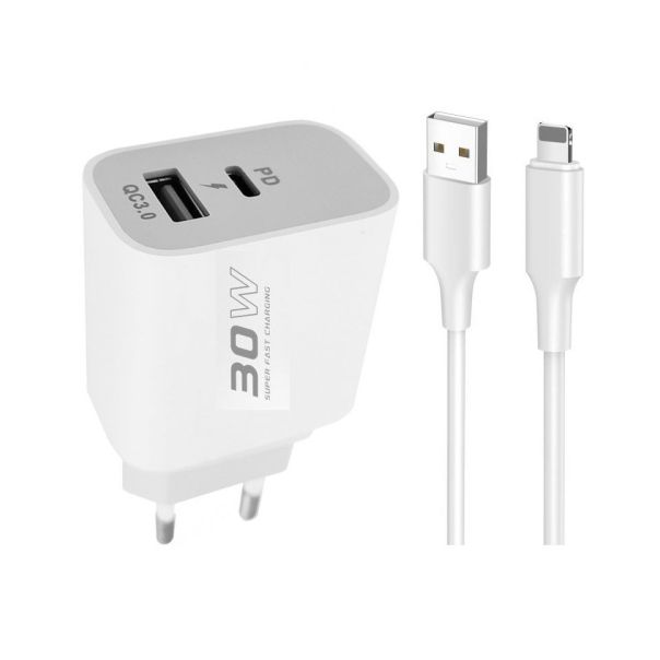 Brzi kućni punjač 30W Pd+USB +USB Type-C, bela