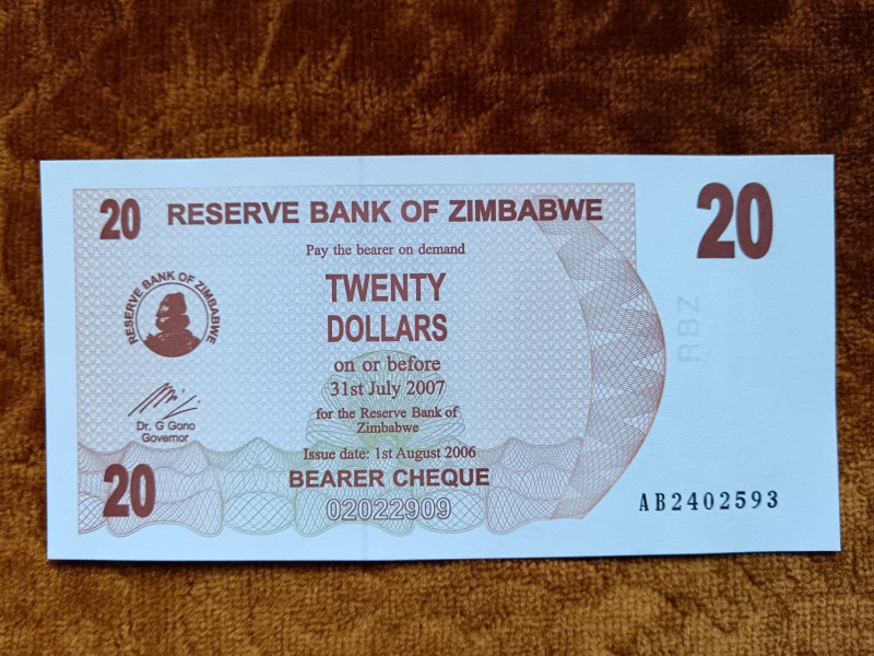 Zimbabve 20 dolara,2007 god.UNC