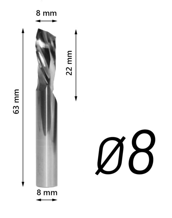 Jednopero CNC glodalo za plastiku 8mm, prihvat 8mm, ukupna dužina 63mm FUL 310A.080