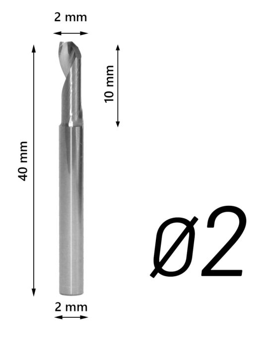 Jednopero CNC glodalo za aluminijum 2mm, prihvat 2mm, ukupna dužina 40mm FUL 300A.020