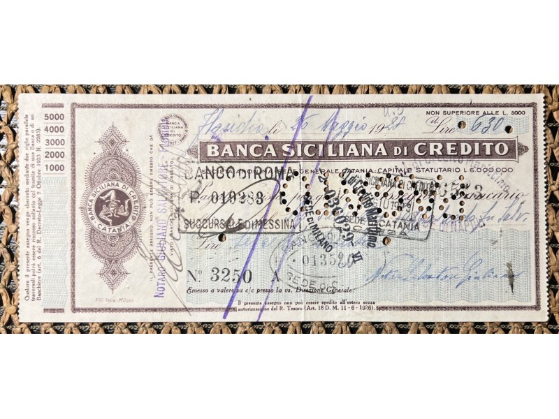 Bankovni cek 1928.g Sicilijanska banka (36.)