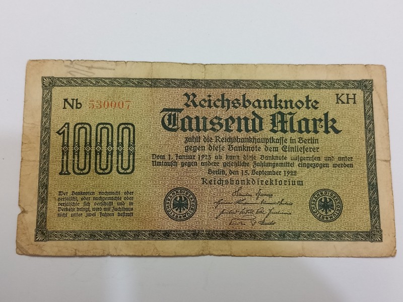 1000 mark 1922godina Nemačka