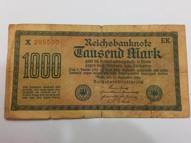 1000 mark 1922godina Nemačka