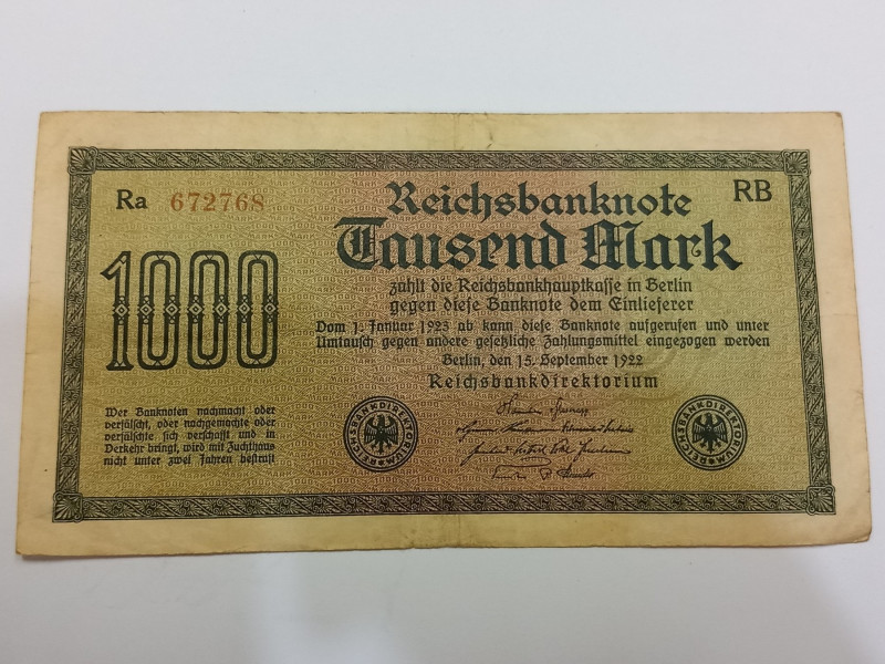 1000 mark 1922godina Nemačka