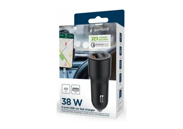 GEMBIRD TA-UC-AC2PDQC38-CAR-01 2-port USB car fast charger, Type-C PD, 38W, Crna