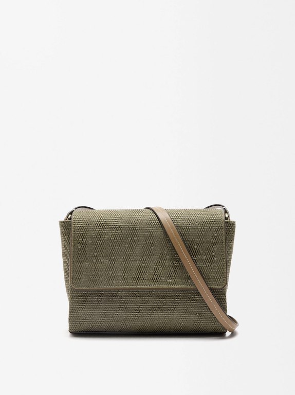 Raffia effect crossbody bag with flap closure